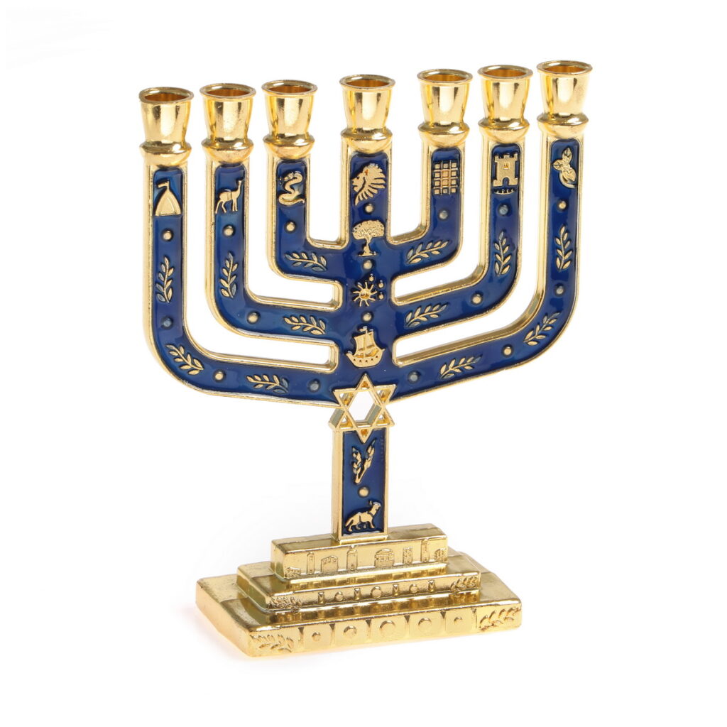 - Gold and Blue 7 Candle Menorah | Matiel - Judaica & Christian Art Shop